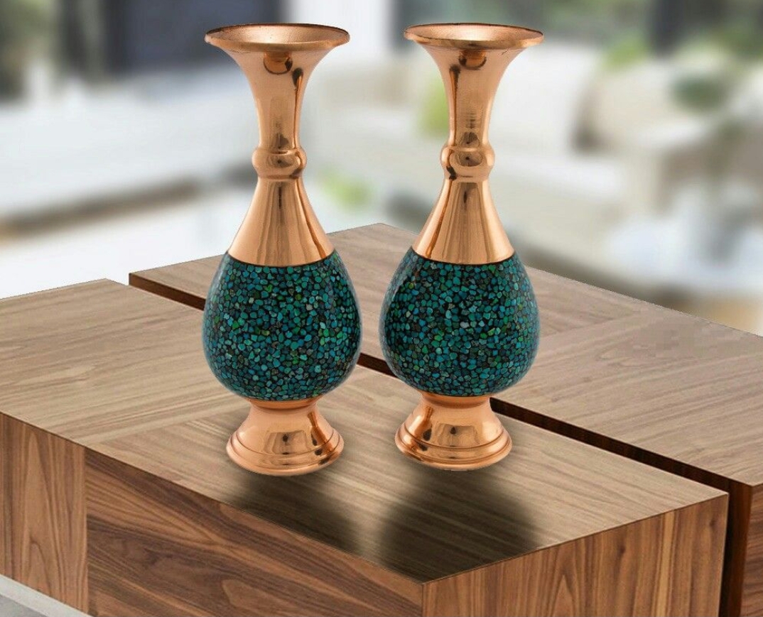 Firoozeh Koobi or Turquoise Inlaying pair of Vases 21cm (set of two ...